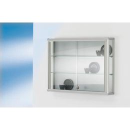 Wandvitrine, einh&auml;ngend, 2 verstellbare Glasb&ouml;den, abschlie&szlig;bare Schiebet&uuml;ren, ESG-Sicherheitsglas, B 800 x T 120 x H 590 mm