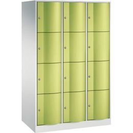 C+P Schlie&szlig;fachschrank Resisto, 3 Abteile, 12 F&auml;cher, B 1148 x T 640 x H 1950 mm, Lichtgrau/Clowngr&uuml;n