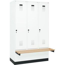 Kleiderspind C+P Evolo Plus, 3 Abteile &agrave; 400 mm Breite, Sockel, schwebende Sitzbank, B 1200 x T 815 x H 1950 mm, Drehriegel, verkehrswei&szlig;/verkehrswei&szlig;