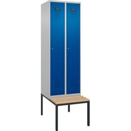 Kleiderspind C+P Evolo Plus, 2 Abteile mit je 300 mm Breite, Unterbau-Sitzbank, B 600 x T 815 x H 2120 mm, Zylinder, wei&szlig;aluminium/enzianblau