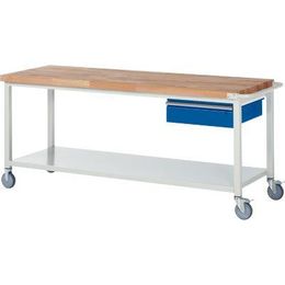 Rau Werkbank Serie 8001, fahrbar, mit Schublade, mit Ablageboden, B 2000 x T 700 x H 880 mm