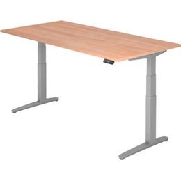 Schreibtisch TOPAS LINE, elektrisch h&ouml;henverstellbar, C-Fu&szlig;, B 2000 x T 1000 x H 650-1300 mm, Nussbaum/wei&szlig;aluminium + Memoryschalter, Kabelkanal