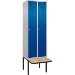 Kleiderspind C+P Evolo Plus, 2 Abteile &agrave; 300 mm Breite, schwebende Sitzbank, B 600 x T 815 x H 2120 mm, Zylinder, wei&szlig;aluminium/enzianblau