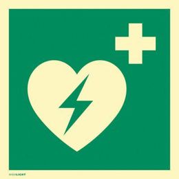 moedel Hinweisschild &bdquo;Automatischer externer Defibrillator AED&ldquo;, EN ISO 7010, Leuchtklasse C, 160 mcd/m&sup2;, bis 14,8 m, L 148 x B 148 mm, Kunststoff, gr&uuml;n