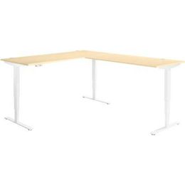 Sch&auml;fer Shop Winkelschreibtisch AERO FLEX, elektrisch h&ouml;henverstellbar, 90&deg; Winkel, T-Fu&szlig;, B 2000 x T 2400 mm, Ahorn/wei&szlig; + Memorypanel