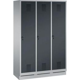 Garderobenspind Evolo S 3000, Stahl, mit Sockel, 3 Abteile mit jeweils B 400 mm, Drehriegel, wei&szlig;aluminium RAL 9006/anthrazit RAL 7016