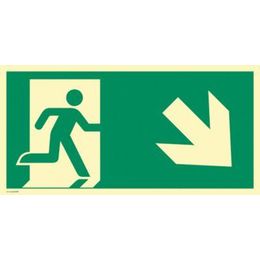 moedel Hinweisschild &bdquo;Notausgang rechts Pfeil abw&auml;rts&ldquo;, EN ISO 7010, Leuchtklasse C, 160 mcd/m&sup2;, bis 29,7 m, selbstklebend, L 297 x B 594 mm, Kunststoff, gr&uuml;n