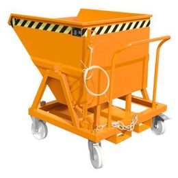 Kippmulde Bauer KS 400, Stahl, orange, B 1220 x T 1200 x H 1115 mm, 400 l, bis 1000 kg, Rollen, Manuelle Kippvorrichtung