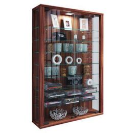 Wandvitrine Vitrosa Mini, ohne LED-Beleuchtung, 8 Einlegeb&ouml;den, 2 Fl&uuml;gelt&uuml;ren, B 590 x T 180 x H 910 mm, Glas & Holz, Kern-Nussbaum-Dekor