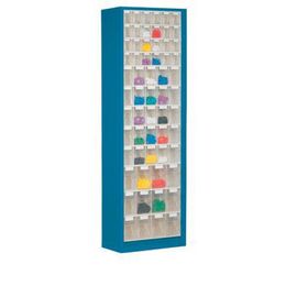 Magazinschrank, Volumen 333 l, 61 herausnehmbare Klappk&auml;sten mit Griffmulde, B 665 x T 250 x H 2000 mm, enzianblau/transparent