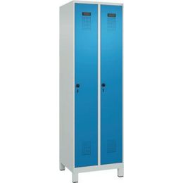 Kleiderspind C+P Evolo Plus, 2 Abteile, 300 mm breit, mit F&uuml;&szlig;en, Sicherheits-Drehriegel, B 600 x T 500 x H 1950 mm, lichtgrau/lichtblau