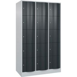 C+P Schlie&szlig;fachschrank Resisto, 3 Abteile, 15 F&auml;cher, B 1148 x T 640 x H 1950 mm, Lichtgrau/Anthrazitgrau