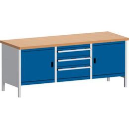 Bott Kastenwerkbank cubio, Rotbuchenholz, B 2000 x T 750 x H 840 mm, enzianblau/lichtgrau