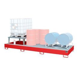 Auffangwanne Bauer AWA 31, Stahl, rot, L 3850 x B 1460 x H 780 mm, 1000 l, f&uuml;r 3 x 1000 l IBC, 1 Abf&uuml;llaufsatz, 2 Gitteroste