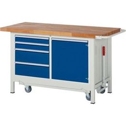 Rau Werkbank Serie 8470, absenkbar, fahrbar, 4 Schubladen und Fachboden, B 1500 x T 700 x H 880 mm