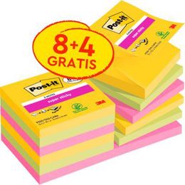 Sparpaket Post-it&reg; Haftnotizen Super Sticky Z-Notes R330-12SS-CARN, 76 x 76 mm, wiederabl&ouml;sbar, cellophanfrei verpackt, farbig, 12 Bl&ouml;cke &aacute; 90 Blatt
