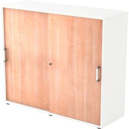 Schiebet&uuml;renschrank TARVIS, 3 Ordnerh&ouml;hen, B 1200 x T 400 x H 1100 mm, abschlie&szlig;- & stapelbar, wei&szlig;/Nussbaum-Dekor