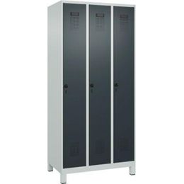 Kleiderspind C+P Evolo Plus, 3 Abteile, 300 mm Abteilbreite, mit F&uuml;&szlig;en, Drehriegel, B 900 x T 500 x H 1950 mm, lichtgrau/anthrazitgrau