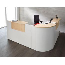 Winkeltheke Come-In, rund, L 2125 x B 2525 mm, wei&szlig;, 3 Ablagen in Ahorn-Dekor, Eckelement wei&szlig;
