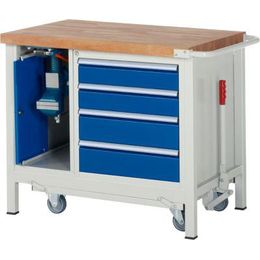 Rau Werkbank Modell 8185, fahrbar, absenkbar, mit Schrank und Schubladen, B 1000 x T 700 x H 880 mm