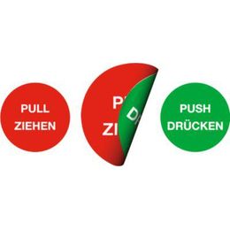 moedel Piktogramm-Aufkleber &bdquo;Pull Ziehen/Push Dr&uuml;cken&ldquo;, doppelseitig bedruckt, selbstklebend, &Oslash; 100 mm, Folie, rot-gr&uuml;n
