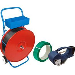 Profi-Umreifungsset, mit Abrollwagen lackiert, Akku-Umreifungsger&auml;t BW-ECO-Plus & KU Polyesterband, L 2000 m x B 15,5 mm, St&auml;rke 0,65 mm, gepr&auml;gt, gr&uuml;n