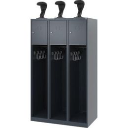Feuerwehrspind C+P Evolo Youngster, 3 Abteile, mit Helmhalter, Bodengleiter, B 900 x T 500 x H 1530 mm, RAL 7016 Anthrazitgrau