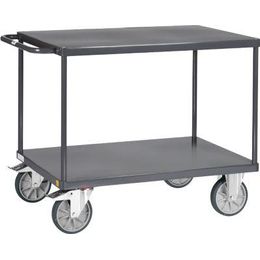 ESD-Tischwagen Fetra 9402B, bis 600 kg, 2 Etagen mit Plattformen, Ladefl&auml;che L 1000 x B 700 mm, TPE-Bereifung, Schiebegriff, Stahl, schiefergrau