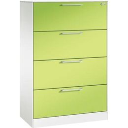 Karteikartenschrank, 2-bahnig DIN A4 quer, 4 Sch&uuml;be mit Vollauszug & B&uuml;gelgriffen, Zentralverschluss, B 800 x T 435 x H 1298 mm, wei&szlig;/viridingr&uuml;n