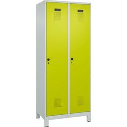 Kleiderspind C+P Evolo Plus, 2 Abteile, 400 mm Abteilbreite, mit F&uuml;&szlig;en, Anschlag rechts, B 800 x T 500 x H 1950 mm, Drehriegel, lichtgrau/clowngr&uuml;n
