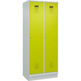 Kleiderspind C+P Evolo Plus, 2 Abteile, 400 mm Abteilbreite, mit Sockel, Anschlag rechts, B 800 x T 500 x H 1950 mm, Zylinder, lichtgrau/clowngr&uuml;n