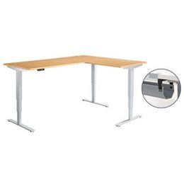 Sch&auml;fer Shop Sch&auml;fer Shop Genius Winkelschreibtisch AERO FLEX, elektrisch h&ouml;henverstellbar, 90&deg; Winkel, C-Fu&szlig;, B 2000 x T 1600 mm, Buche-Dekor/wei&szlig;aluminium, Memorypanel + Kabelkanal