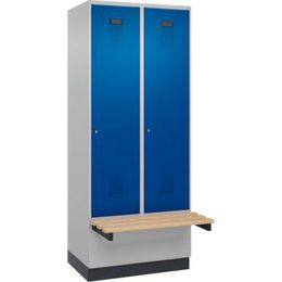 Kleiderspind C+P Evolo Plus, 2 Abteile &agrave; 400 mm Breite, Sockel, schwebende Sitzbank, B 800 x T 815 x H 1950 mm, Zylinder, wei&szlig;aluminium/enzianblau