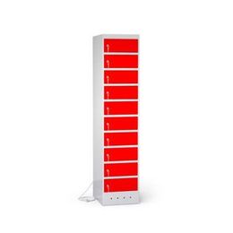 Laptopschrank mit Ladefunktion, 10 Abteile mit Zylinderschloss, Stahlblech lichtgrau RAL 7035/verk.rot RAL 3020