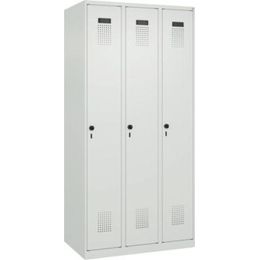 Kleiderspind C+P Evolo Plus, 3 Abteile, Anschlag rechts, Sicherheits-Drehriegel, B 900 x T 500 x H 1850 mm, lichtgrau/lichtgrau