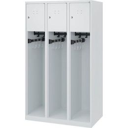 Feuerwehrspind C+P Evolo Youngster, 3 Abteile, ohne Helmhalter, Bodengleiter, B 900 x T 500 x H 1530 mm, RAL 7035 Lichtgrau