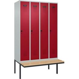 Kleiderspind C+P Evolo Plus, 4 Abteile &agrave; 300 mm Breite, schwebende Sitzbank, B 1200 x T 815 x H 2120 mm, Drehriegel, lichtgrau/rubinrot
