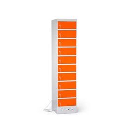 Laptopschrank mit Ladefunktion, 10 Abteile mit Zylinderschloss, Stahlblech lichtgrau RAL 7035/reinorange RAL 2004