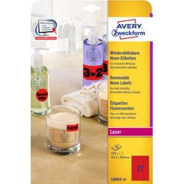 Avery Zweckform Avery Neon-Etiketten L6003-25, zum Beschriften, abl&ouml;sbar, Papier, rot, 63,5 x 29,6 mm, 25 x A4 B&ouml;gen, 675 Stk.