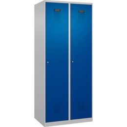 Kleiderspind C+P Evolo Plus, 2 Abteile, 400 mm breit, Zylinderschloss, Soft-Anschlag, B 800 x T 500 x H 1850 mm, wei&szlig;aluminium/enzianblau