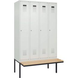 Kleiderspind C+P Evolo Plus, 4 Abteile &agrave; 300 mm Breite, schwebende Sitzbank, B 1200 x T 815 x H 2120 mm, Zylinder, lichtgrau/lichtgrau