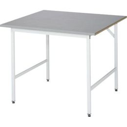 Rau Arbeitstisch Jerry, manuell h&ouml;henverstellbar, 25 mm MDF-Platte mit Edelstahlbelag, bis 300 kg, B 1000 x T 1000 x H 800-850 mm, silber/lichtgRau