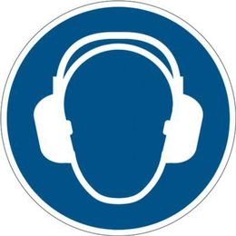 Hinweisschild Durable, rund, f&uuml;r den Innenbereich, Motiv &bdquo;Geh&ouml;rschutz benutzen&ldquo;, EN ISO 7010, selbstklebend, blau-wei&szlig;, 1 St&uuml;ck