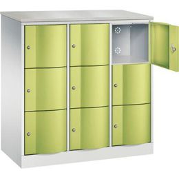 C+P Schlie&szlig;fachschrank Resisto, 3 Abteile, 9 F&auml;cher, B 1148 x T 540 x H 1255 mm, Lichtgrau/Clowngr&uuml;n