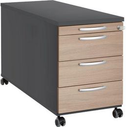Rollcontainer 1333, 3 Sch&uuml;be & 1 Utensilienauszug, abschlie&szlig;bar, runde Griffe, Holz/Stahl/Kunststoff, B 434 x T 800 x H 613 mm, graphit/Eiche
