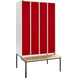 Sch&auml;fer Shop Sch&auml;fer Shop Genius Kleiderspind mit Sitzbank, 4 Abteile, 300 mm Abteilbreite, Sicherheitsdrehriegelverschluss, lichtgrau/rot