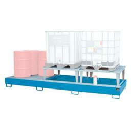 Auffangwanne Bauer AWA 32, Stahl, blau, L 3850 x B 1460 x H 780 mm, 1000 l, f&uuml;r 3 x 1000 l IBC, 2 Abf&uuml;llaufs&auml;tze, 1 Gitterost