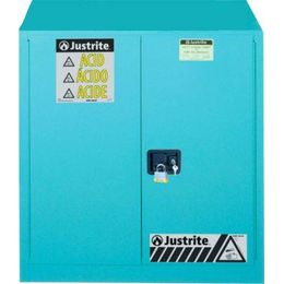 Justrite FM-Chemikalienschrank Classic Sure-Grip&reg; EX, f&uuml;r &Auml;tzmittel, bis 114 Liter, manuell schlie&szlig;ende T&uuml;ren, blau
