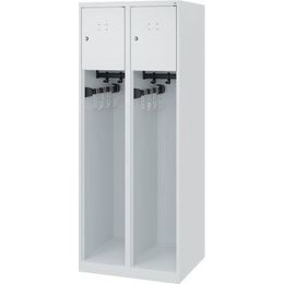Feuerwehrspind C+P Evolo Youngster, 2 Abteile, ohne Helmhalter, Bodengleiter, B 600 x T 500 x H 1530 mm, RAL 7035 Lichtgrau