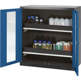 Chemikalienschrank ASECOS CS-CLASSIC-G, Fl&uuml;gelt&uuml;r m. Glasauschnitt, 2 Auszugswannen, 1055x520x1105 mm, enzianblau
